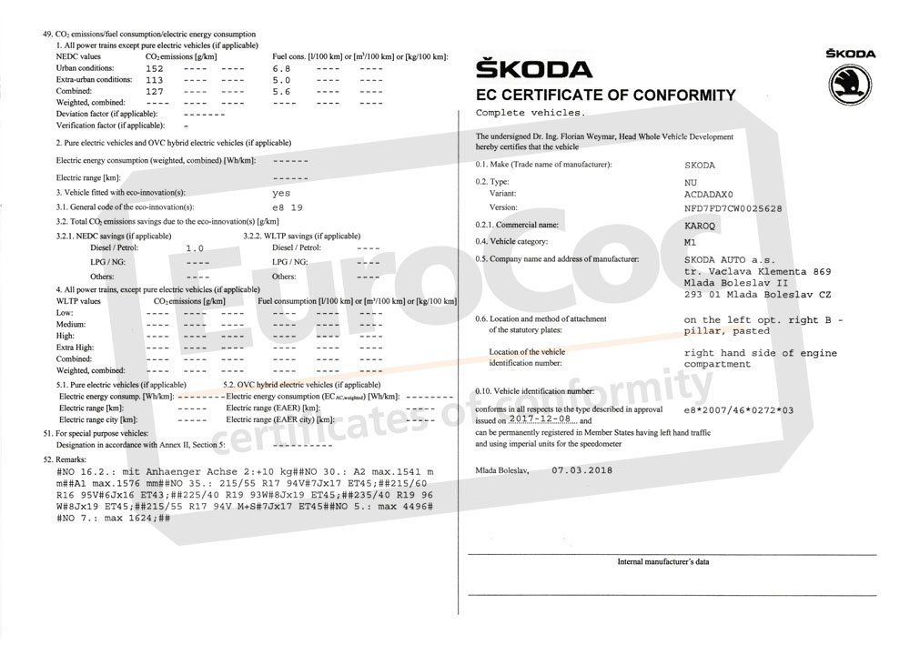2006 octavia 4x4 estate- example of a certificate of conformity please ...